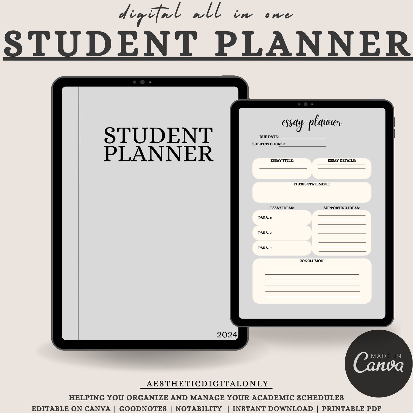EDITABLE Student Digital Planner Academic Planner College Planner ...