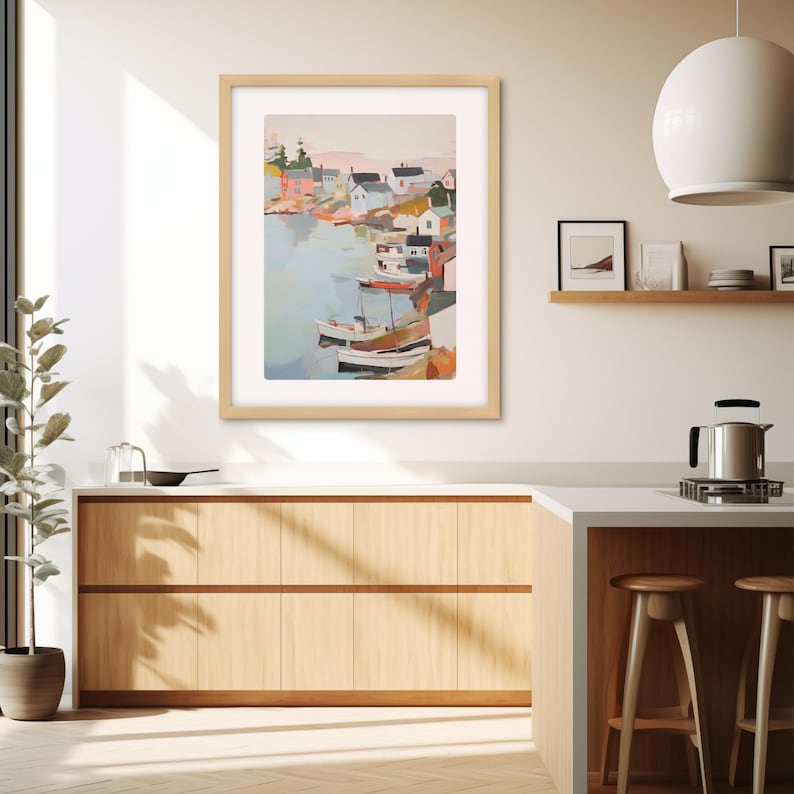 New England Harbor Painting, Boats in Harbor Print, Fishing Village ...