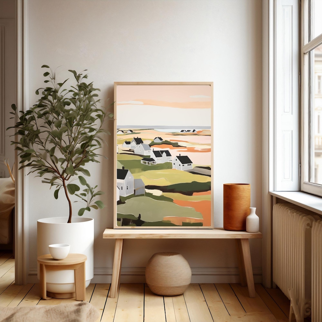 Coastal Village Print, Cape Cod Wall Art, Coastal Landscape Painting ...