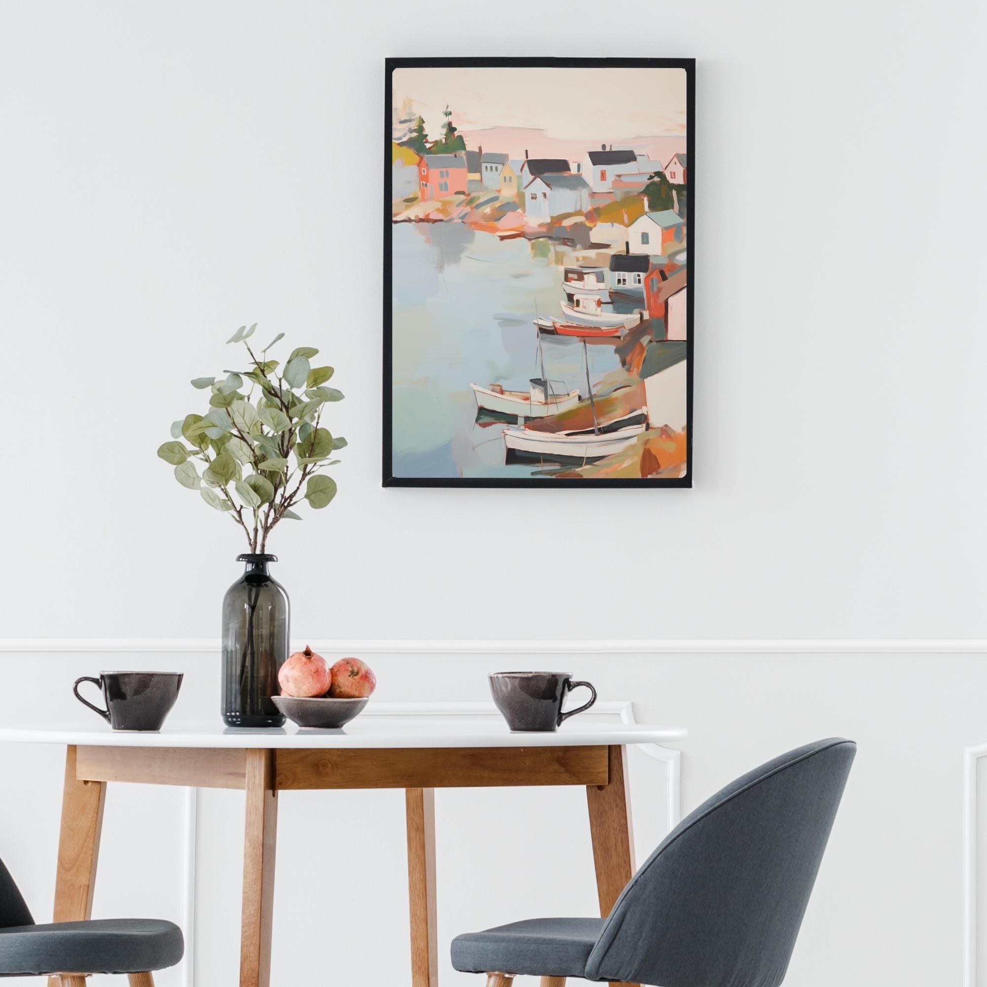 New England Harbor Painting, Boats in Harbor Print, Fishing Village ...