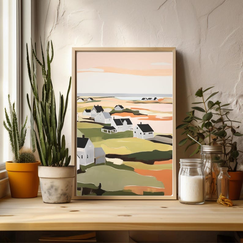 Coastal Village Print, Cape Cod Wall Art, Coastal Landscape Painting ...