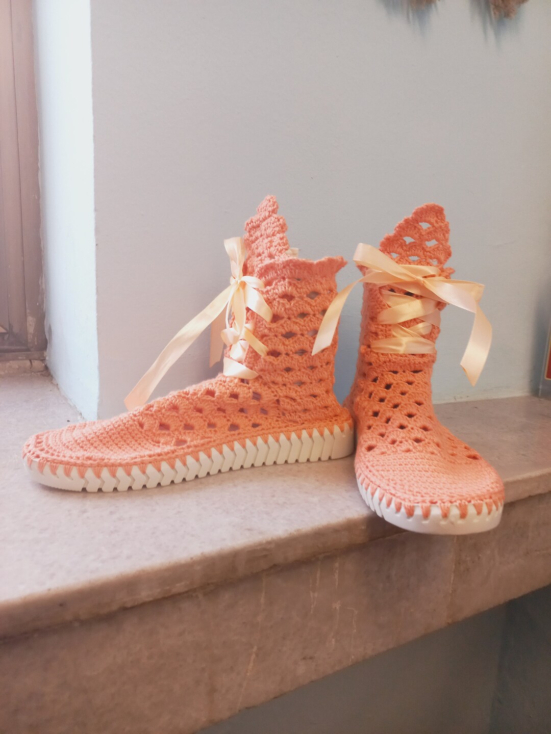 Handmade Crocheted Peach Sneakers: Women's Summer Boots - Etsy