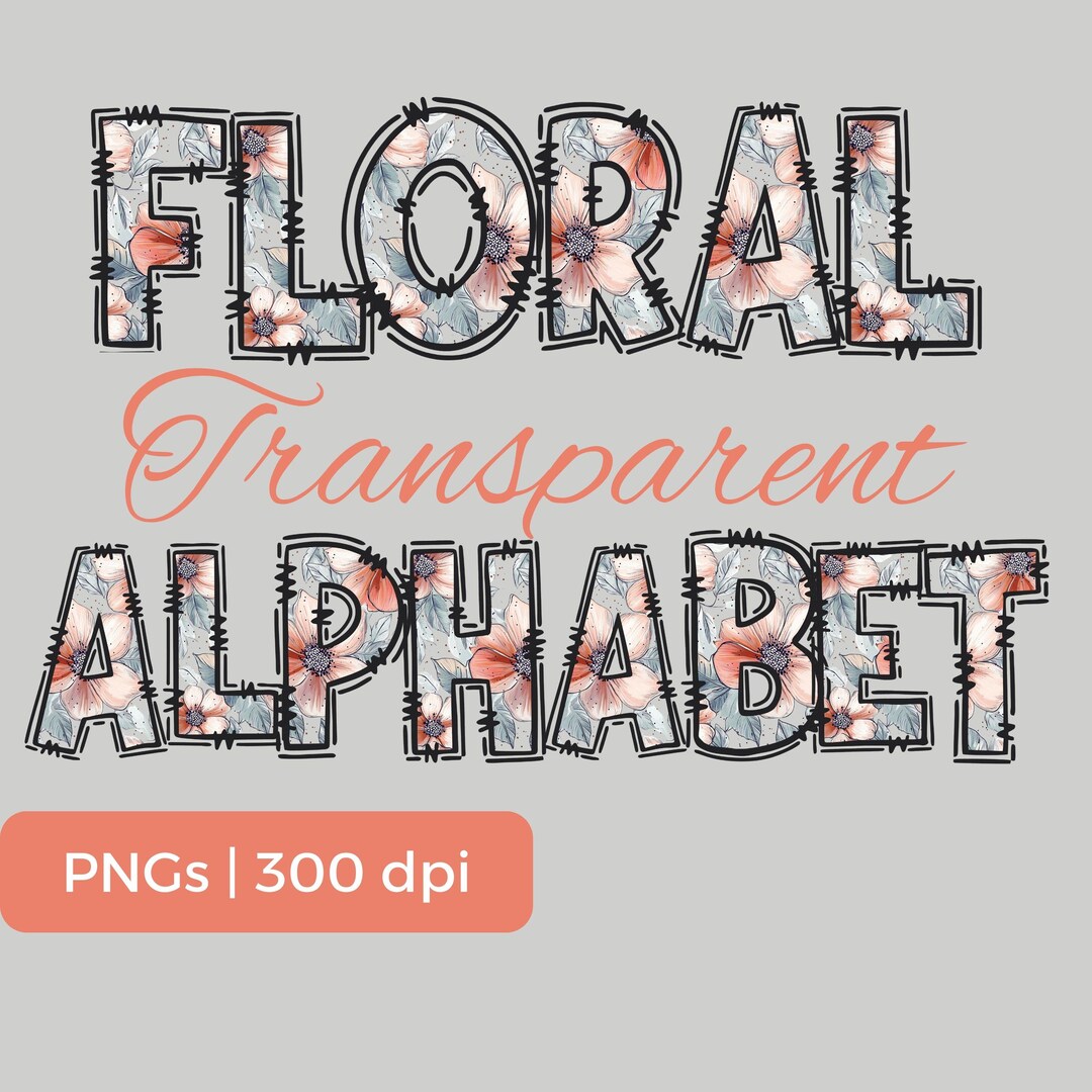 Floral Alphabet PNG Set: Gray & Peach Flower Design (digital Download ...
