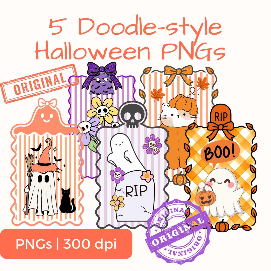 Halloween Ghost Clipart Set: Hand-drawn Doodle Frames (PNG Digital ...