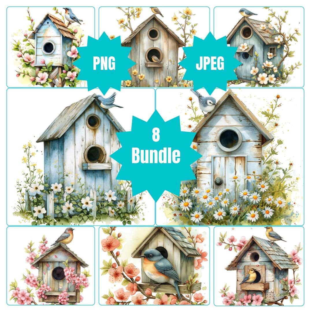 Vintage Watercolor Birdhouse Bundle Floral Digital Download Spring ...