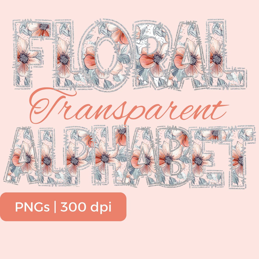 Floral Alphabet PNG Set: Gray & Peach Flower Design (digital Download ...