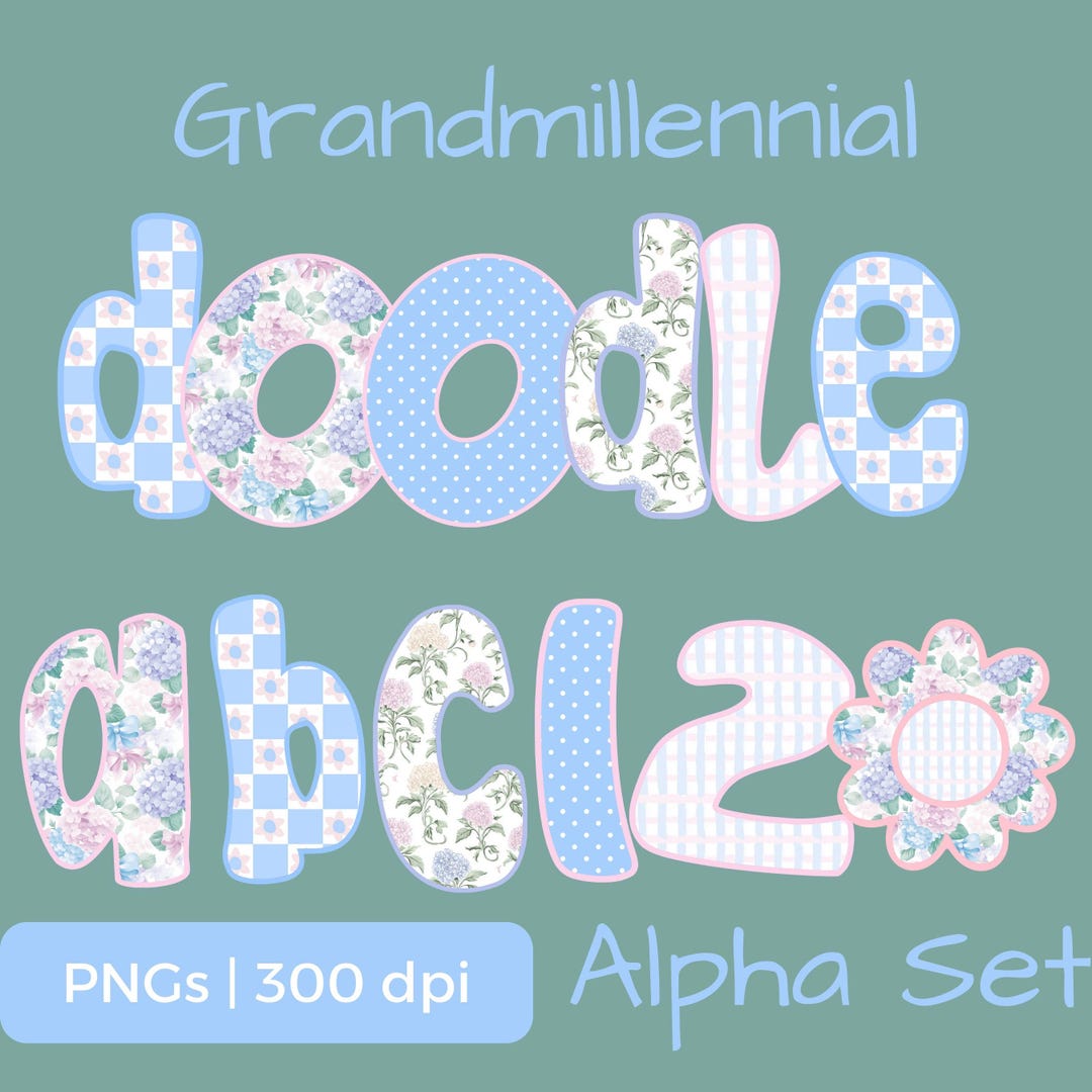 Grandmillennial Doodle Alphabet PNG Bundle, 5 Font Styles With Letters ...