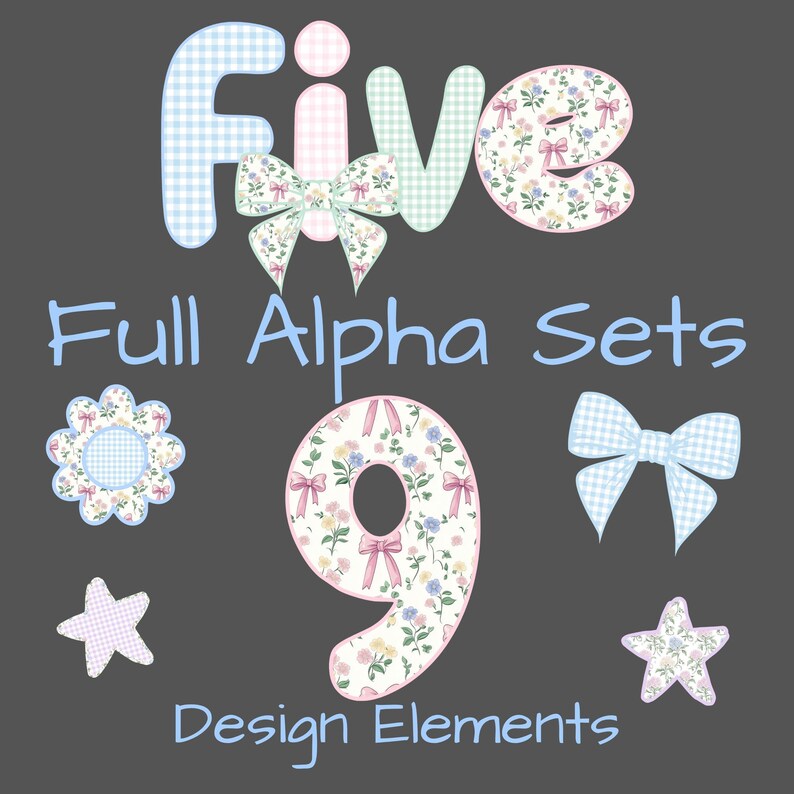 Gingham Floral Alphabet PNG Bundle, Grandmillennial Font (digital ...