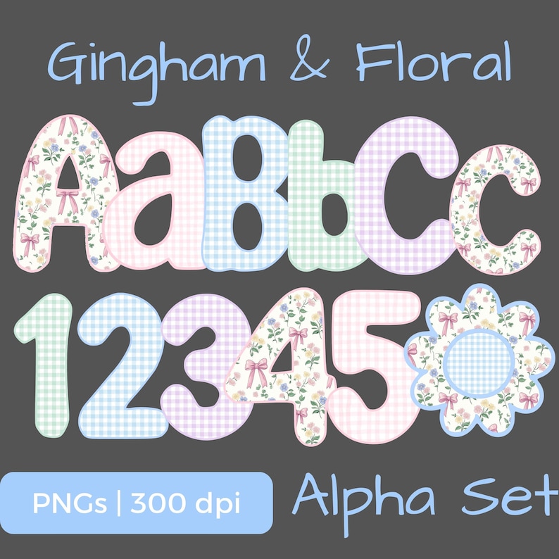 Gingham Floral Alphabet PNG Bundle, Grandmillennial Font (digital ...
