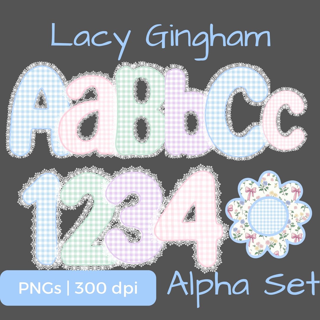 Lacy Gingham Alphabet PNG Bundle, Rose Lace Border, Four Colors A–Z A–z ...