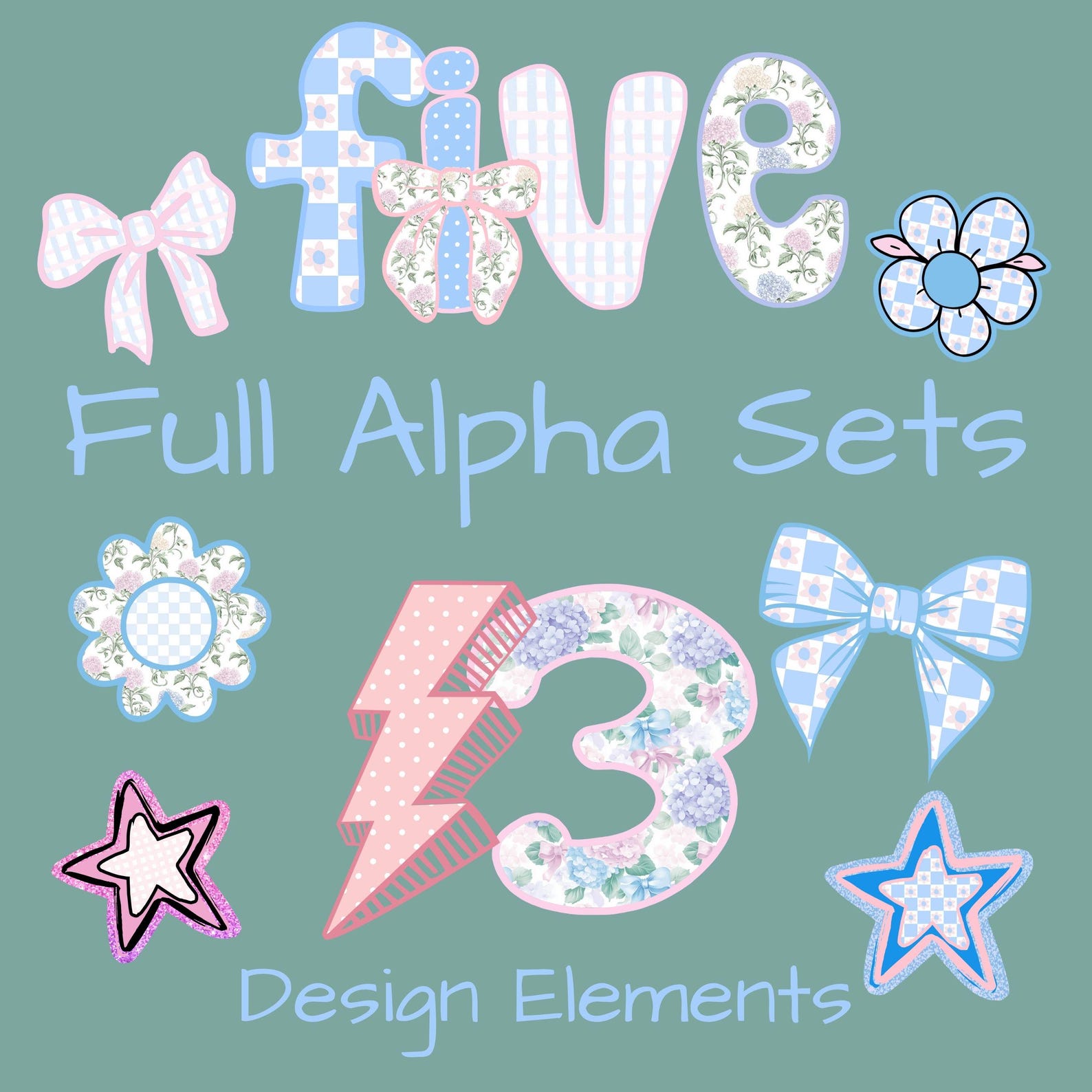 Grandmillennial Doodle Font PNG Bundle: Floral, Gingham, Polka Dot ...