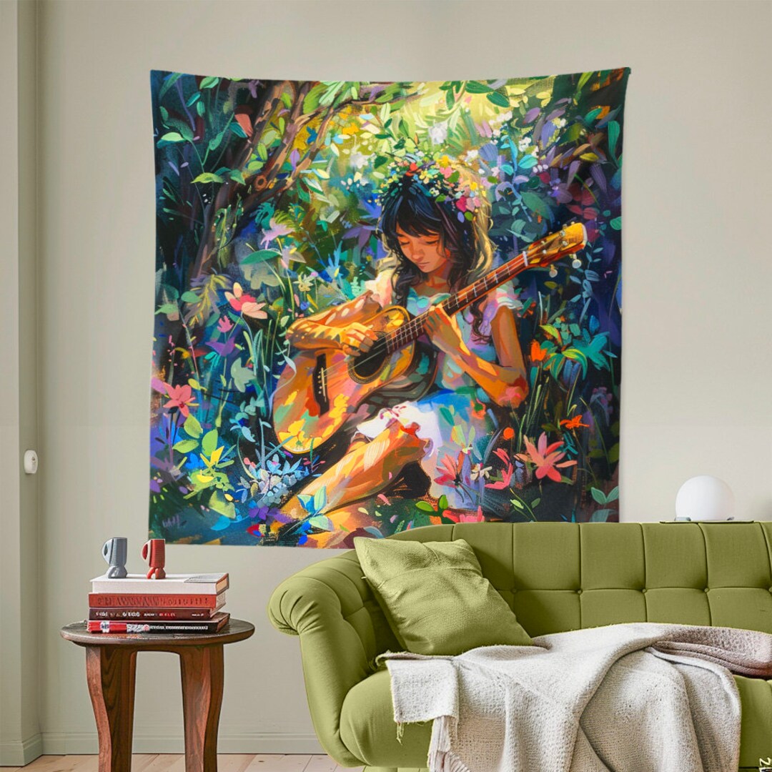 Music Guitar Tapestry,floral Aesthetic Wall Hanging,rock Concert Music ...