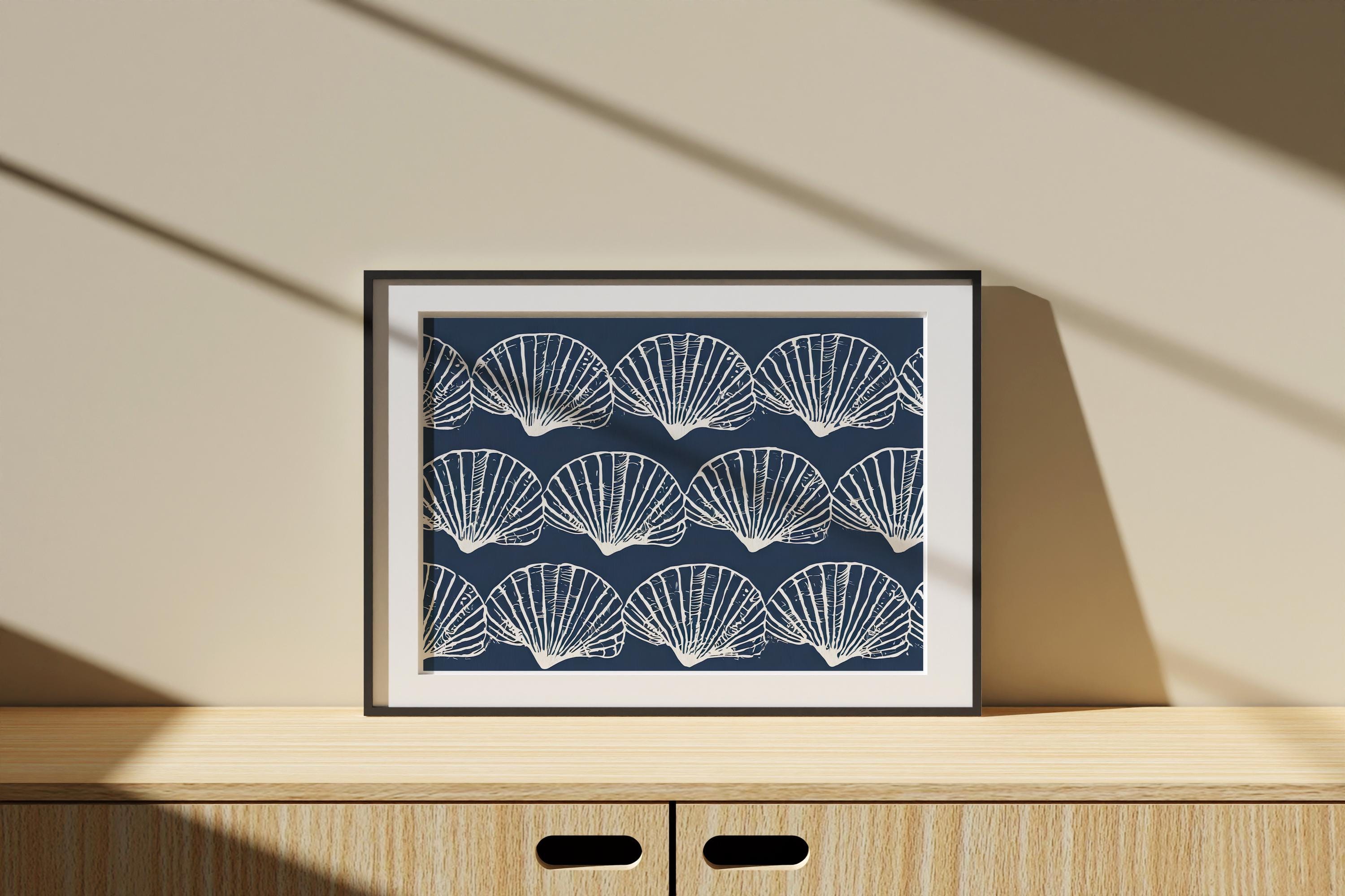 Seashell Pattern Digital Print, Coastal Wall Art, Navy Blue and White ...
