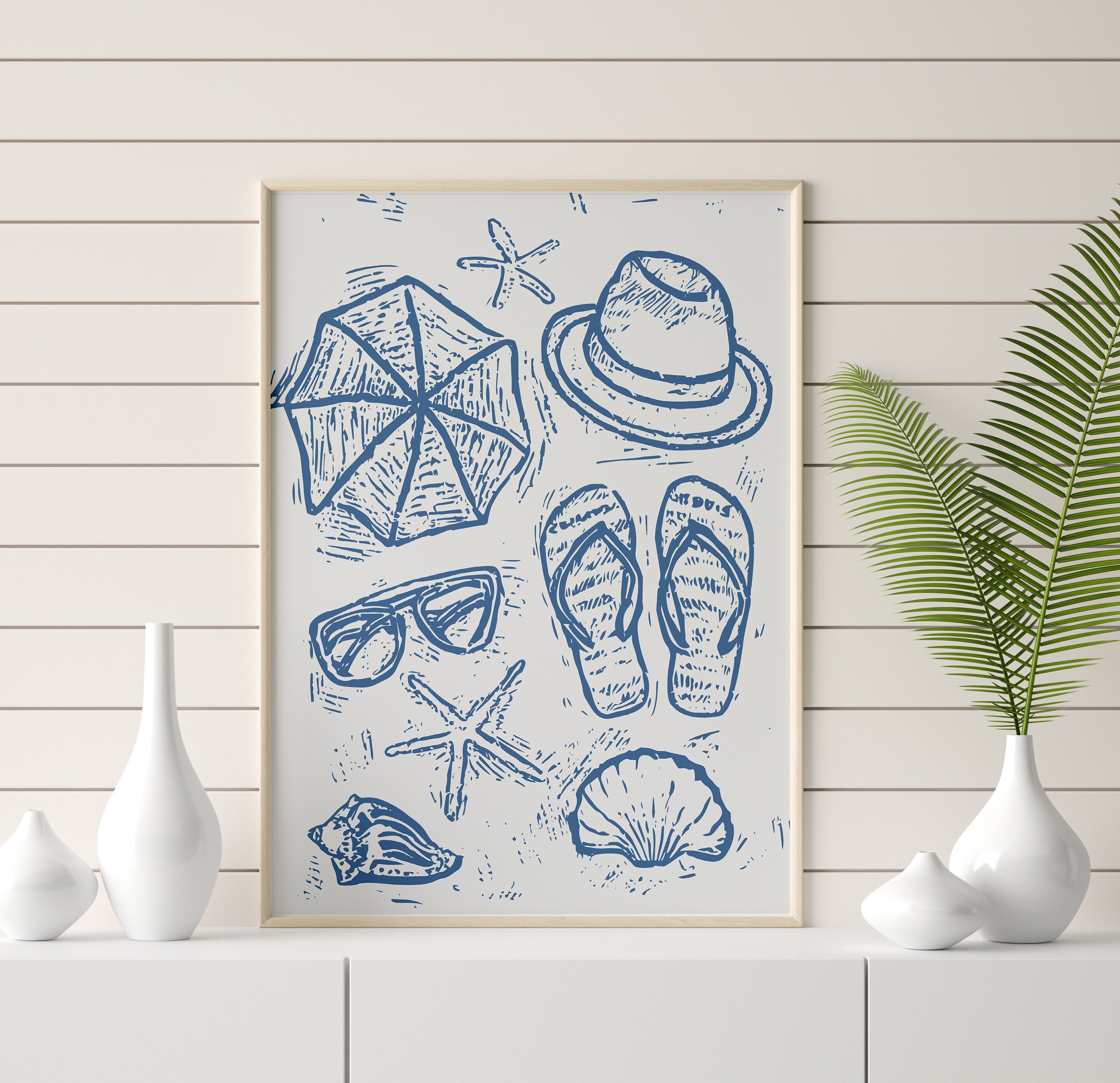 Summer Vibes Digital Print: Beach Umbrella, Fedora Hat, Flip Flops ...