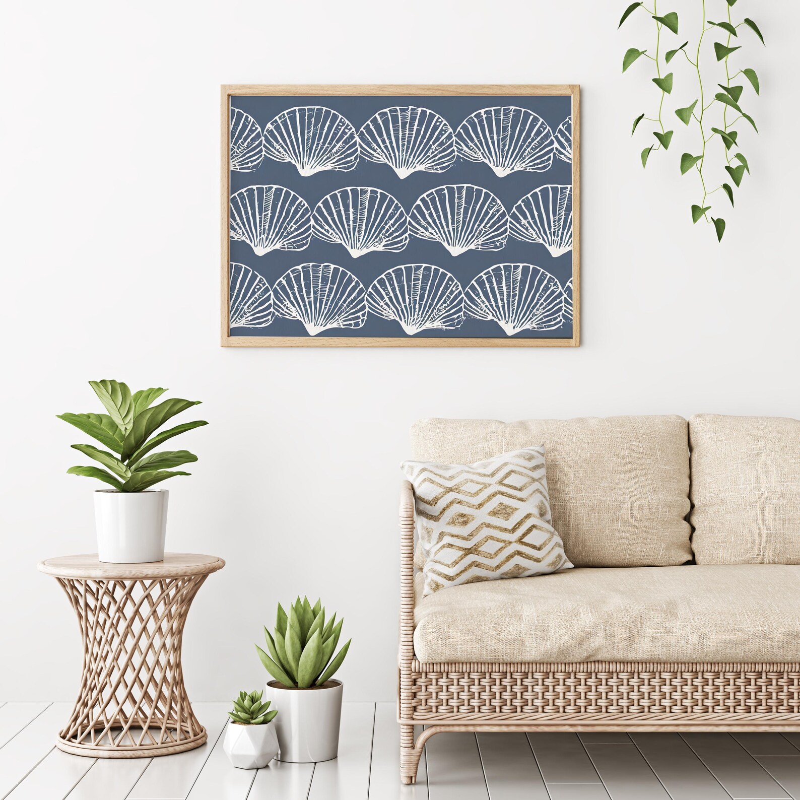 Seashell Pattern Digital Print, Coastal Wall Art, Navy Blue and White ...