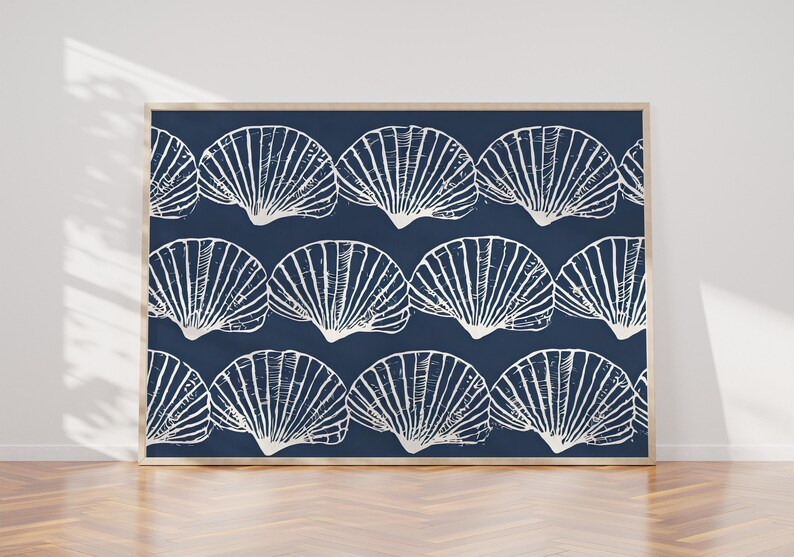 Seashell Pattern Digital Print, Coastal Wall Art, Navy Blue and White ...