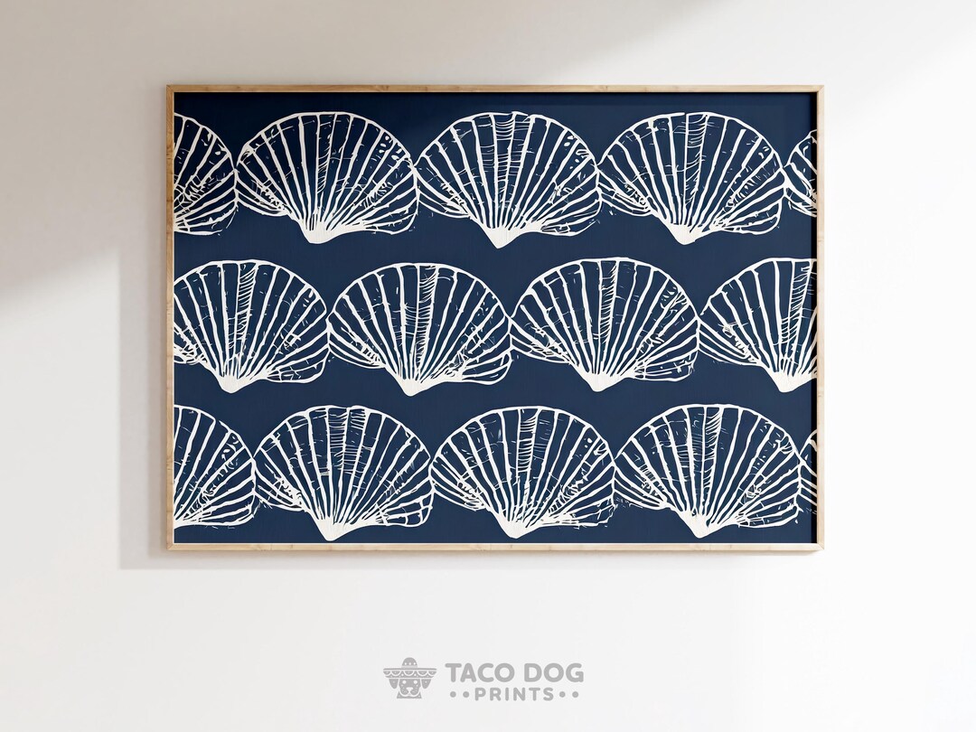 Seashell Pattern Digital Print, Coastal Wall Art, Navy Blue and White ...