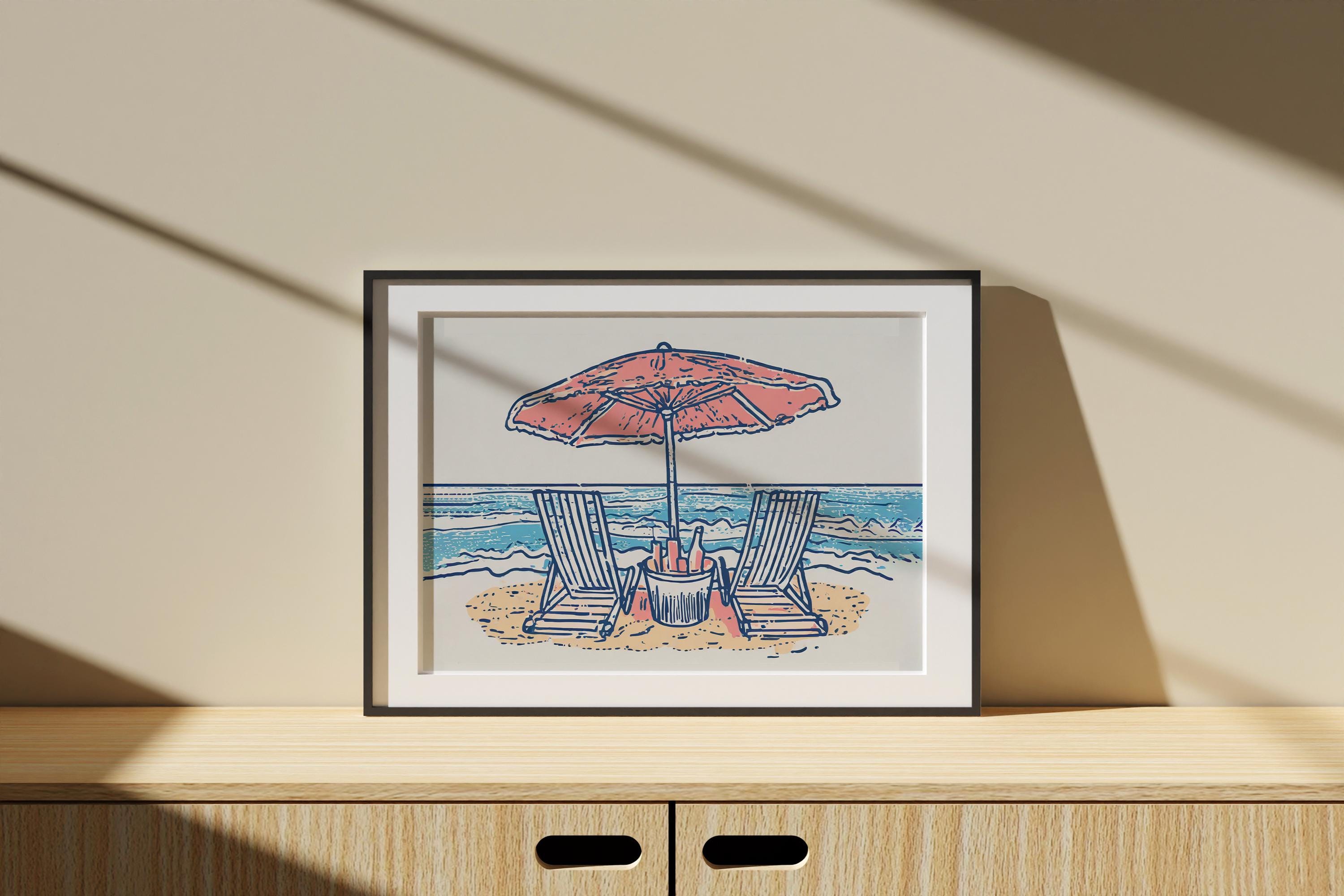 Beach Day Digital Wall Art, Retro Beach Scene Printable, Summer Coastal ...