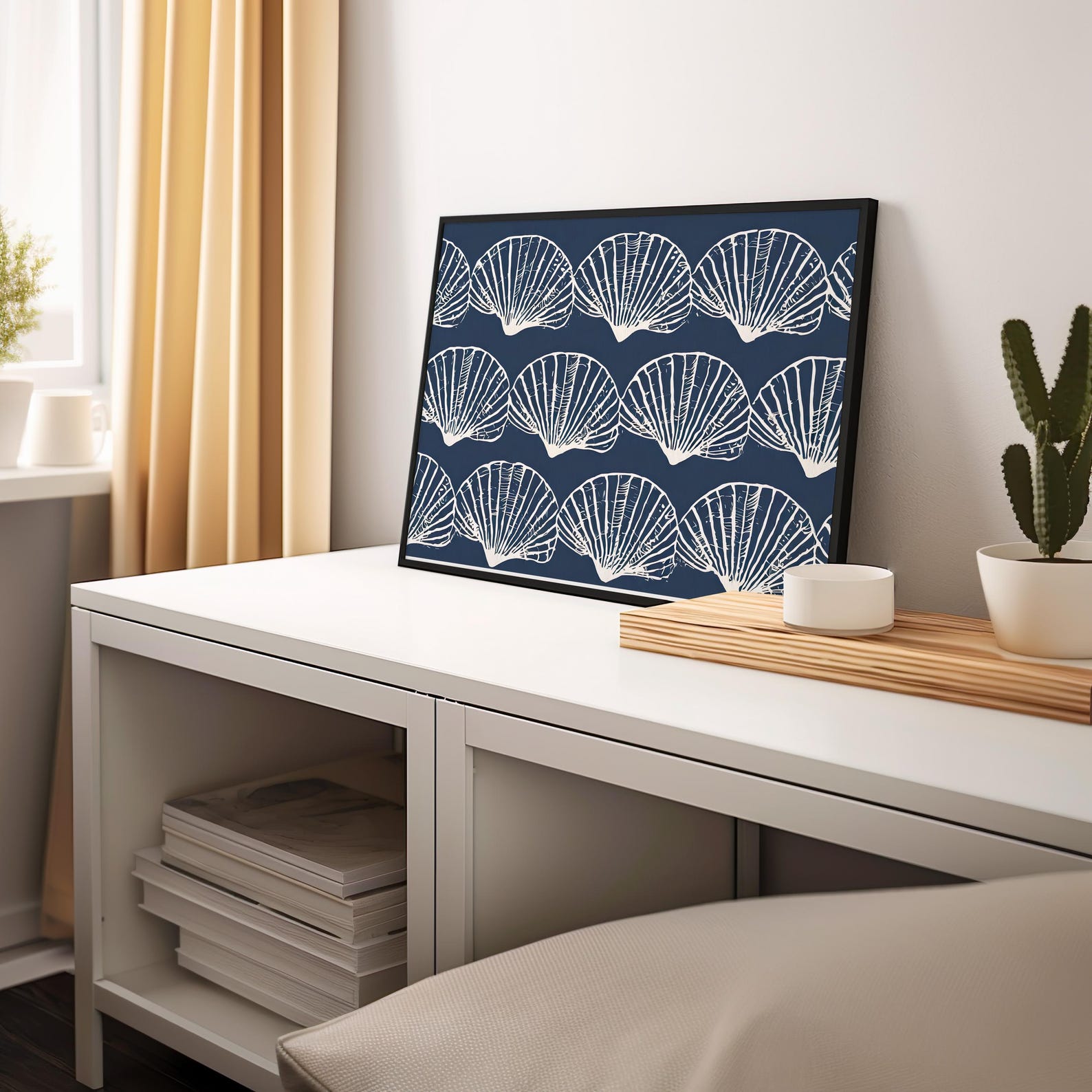 Seashell Pattern Digital Print, Coastal Wall Art, Navy Blue and White ...