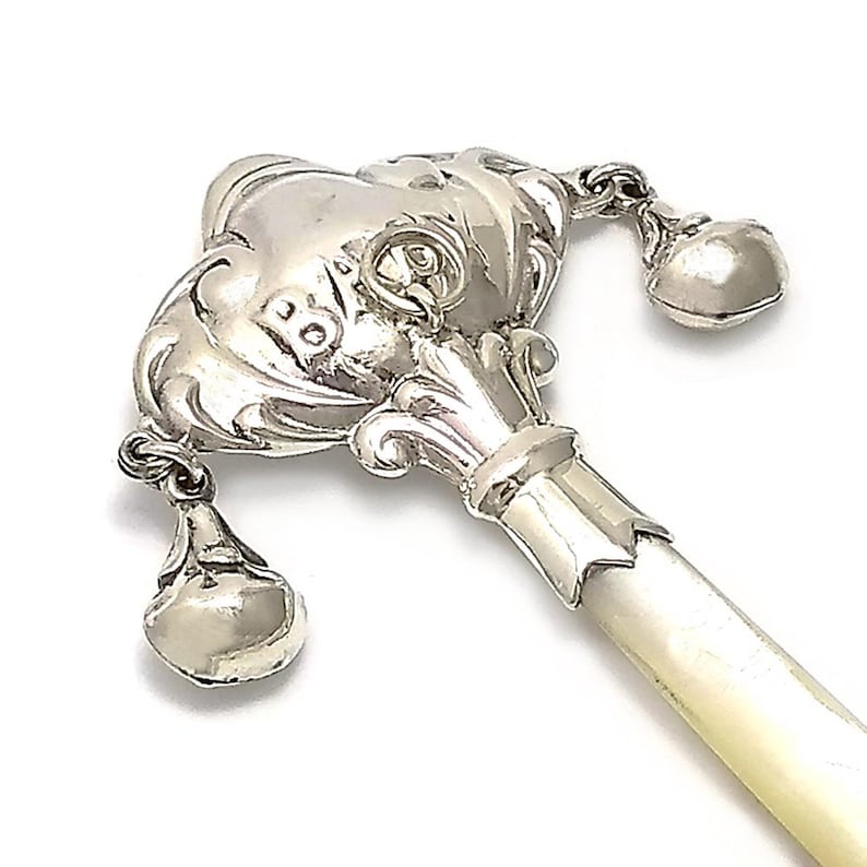 Baby Rattle VICTORIAN Style Real Silver 925 With Mother of Pearl Handle ...