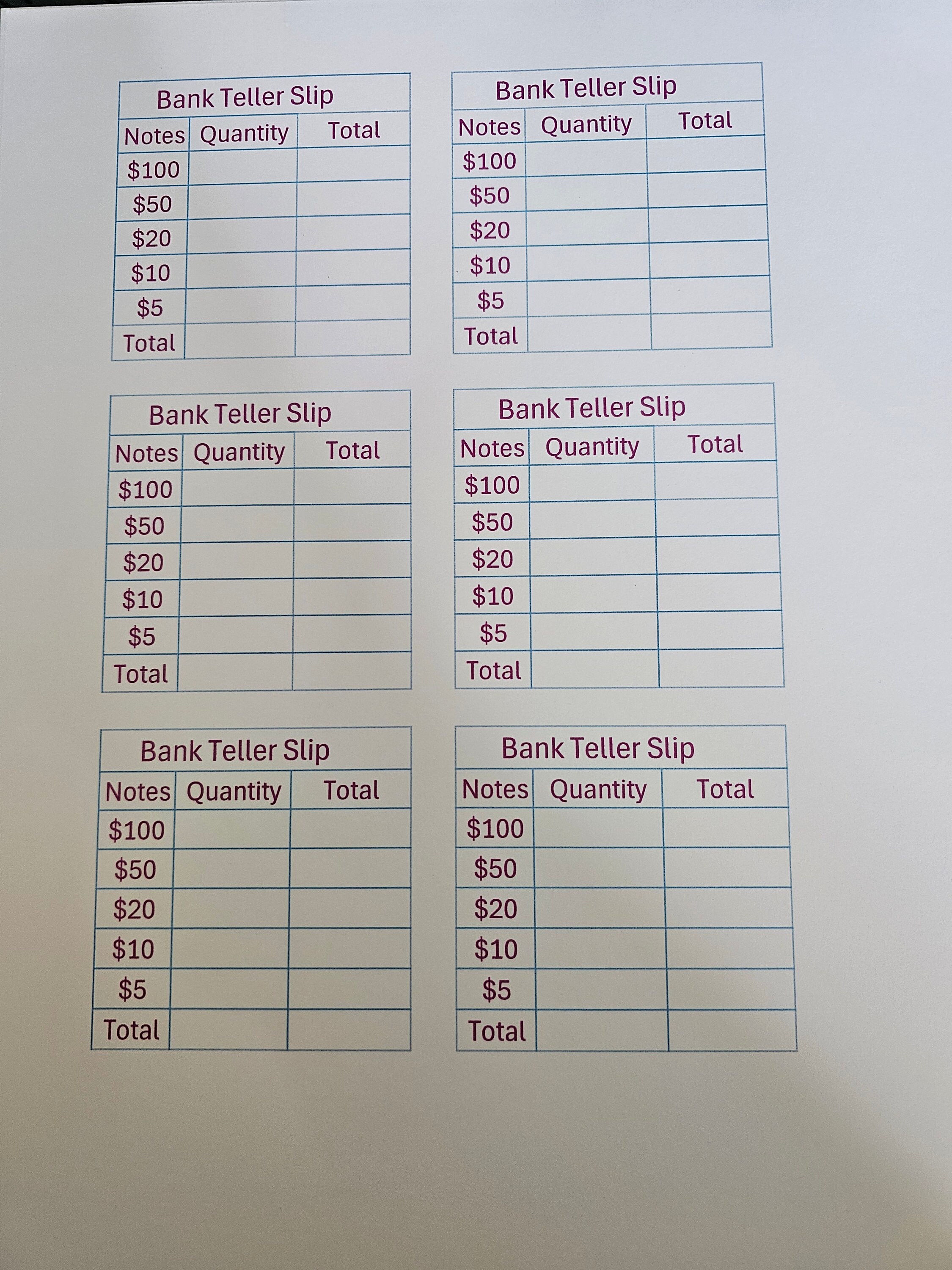 Bank Teller Slips and Cash Planner Template - Etsy UK