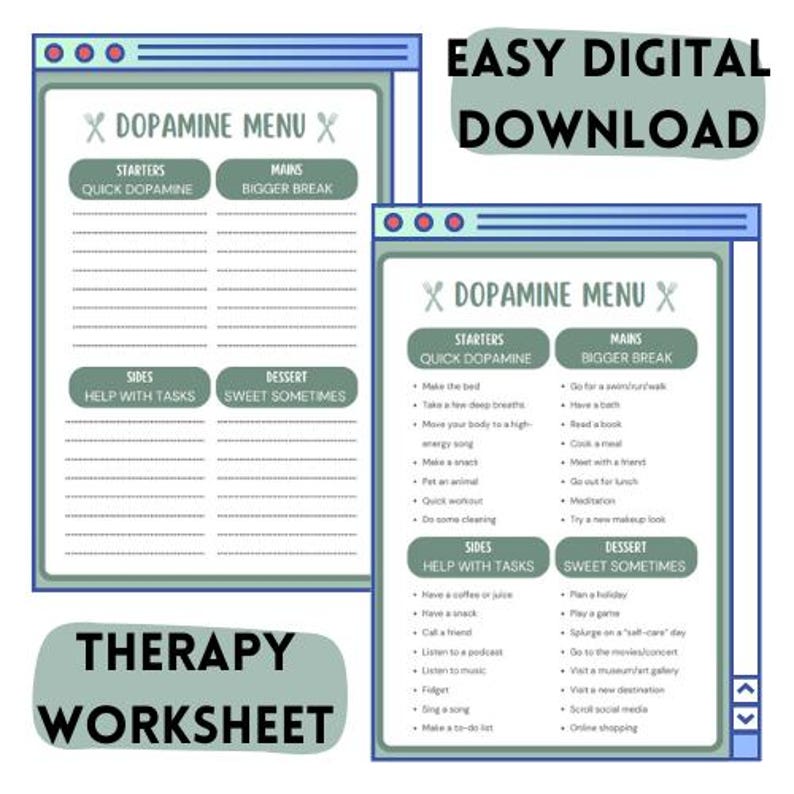 Dopamine Menu | Therapy Worksheet ASD ADHD Children Adolescent Teen ...