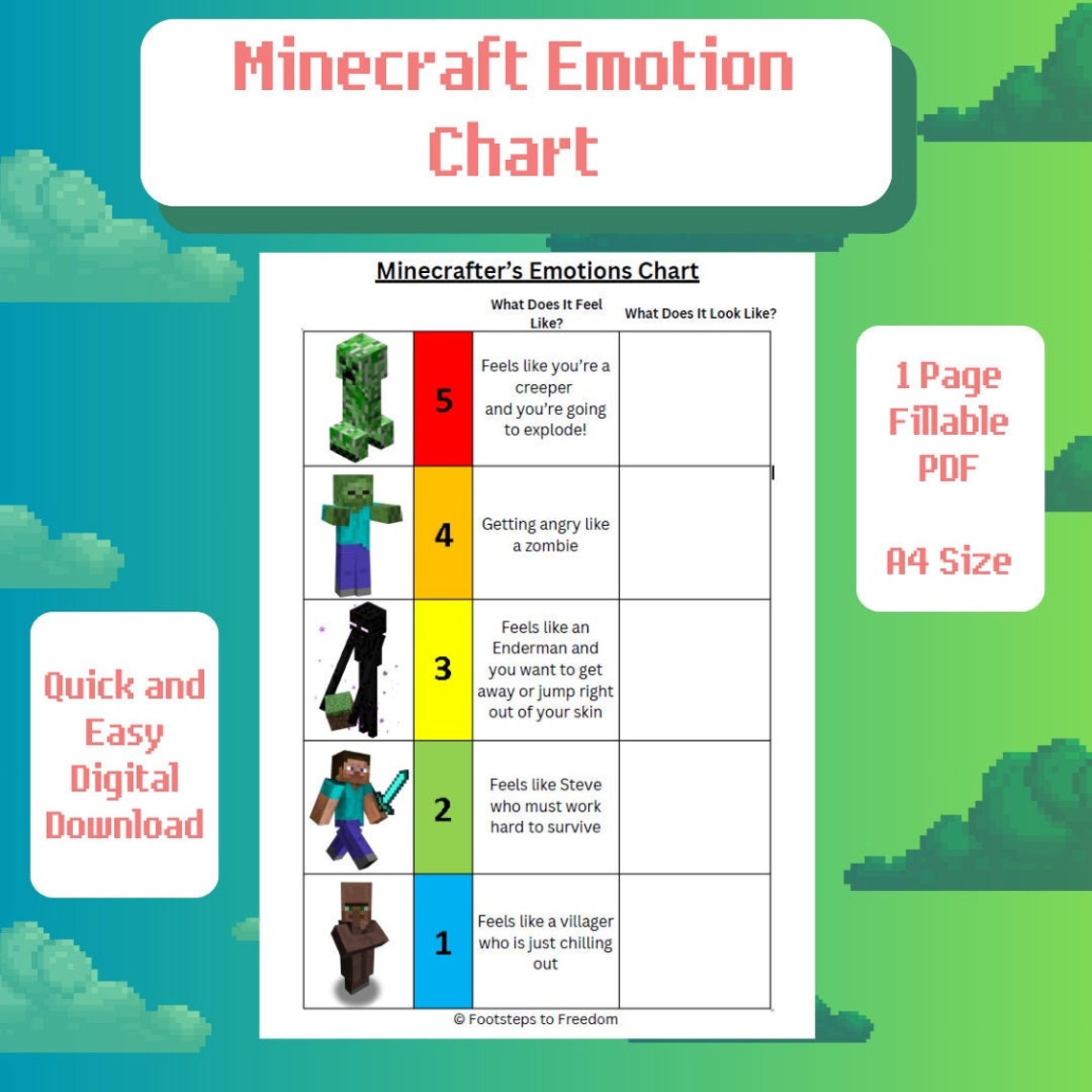 Minecraft Emotions Chart | Therapy Digital Download Worksheet - Etsy