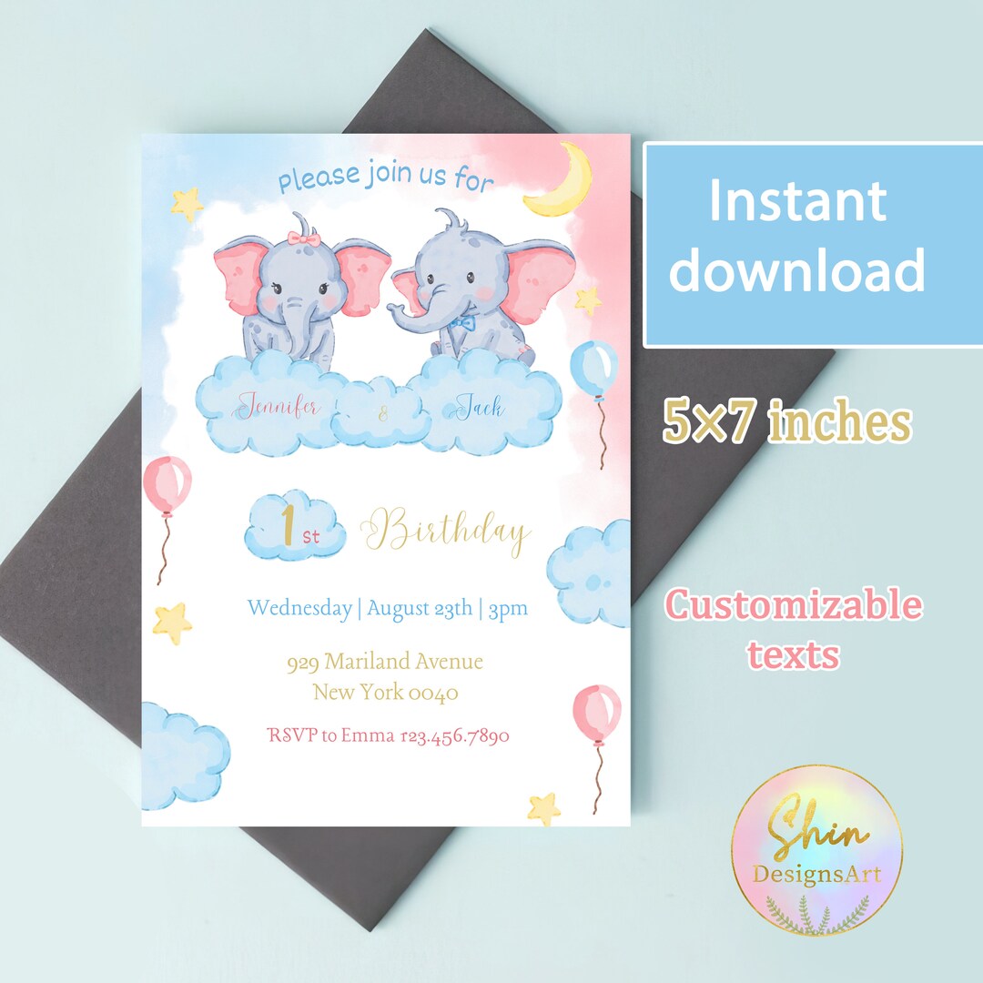 Twins Elephant Birthday Invitation Card, Twin Boy and Girl Invite ...