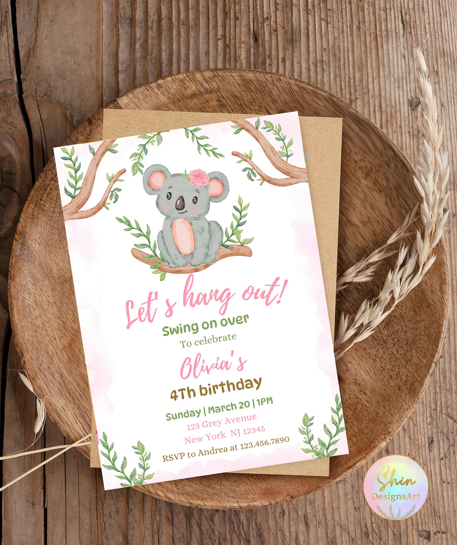 Customizable Koala Birthday Invitation, Girl/daughter Koalas Party ...