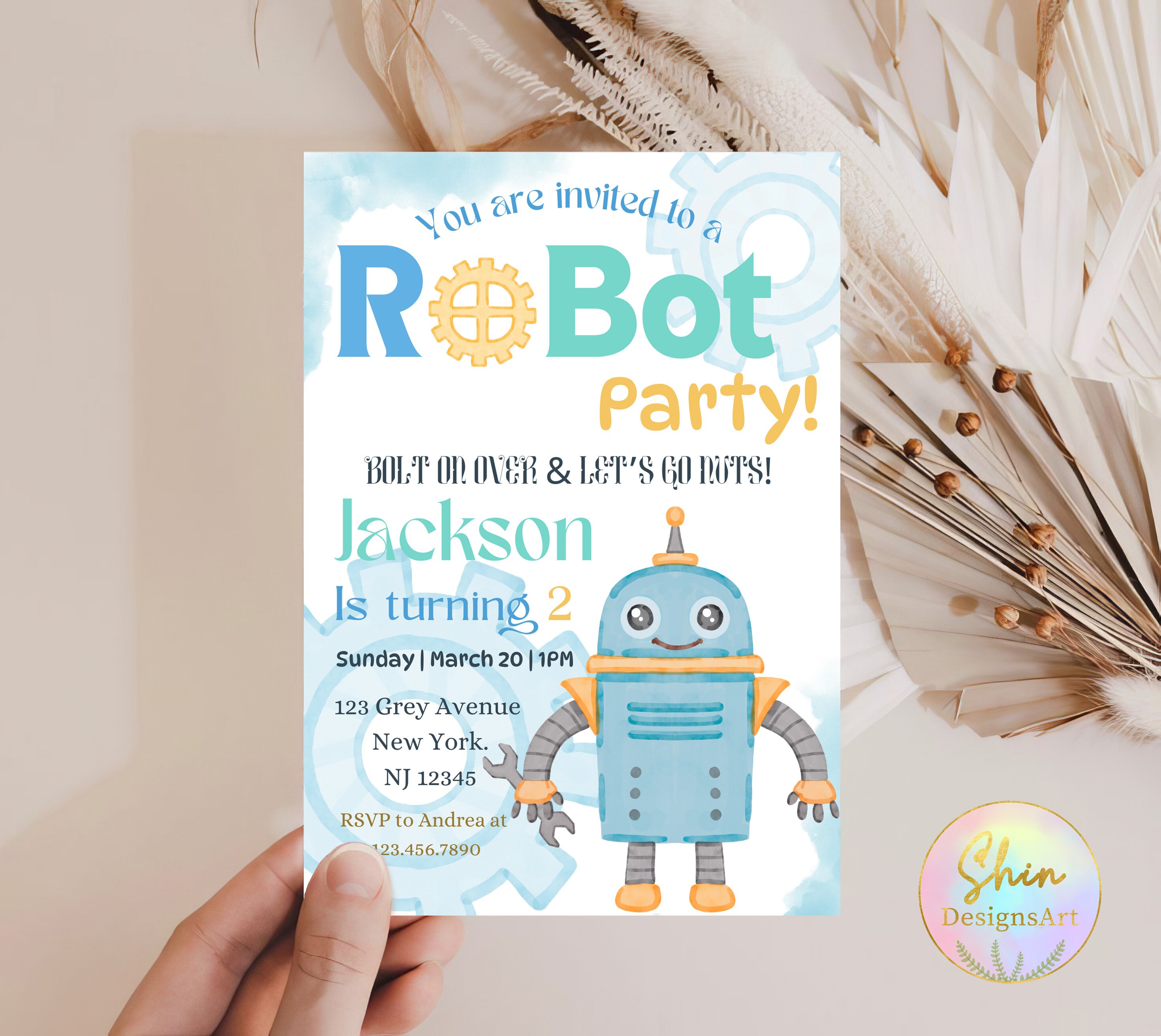 Robot Birthday Party Invitation, Printable Robots Party Invite, Gear up ...