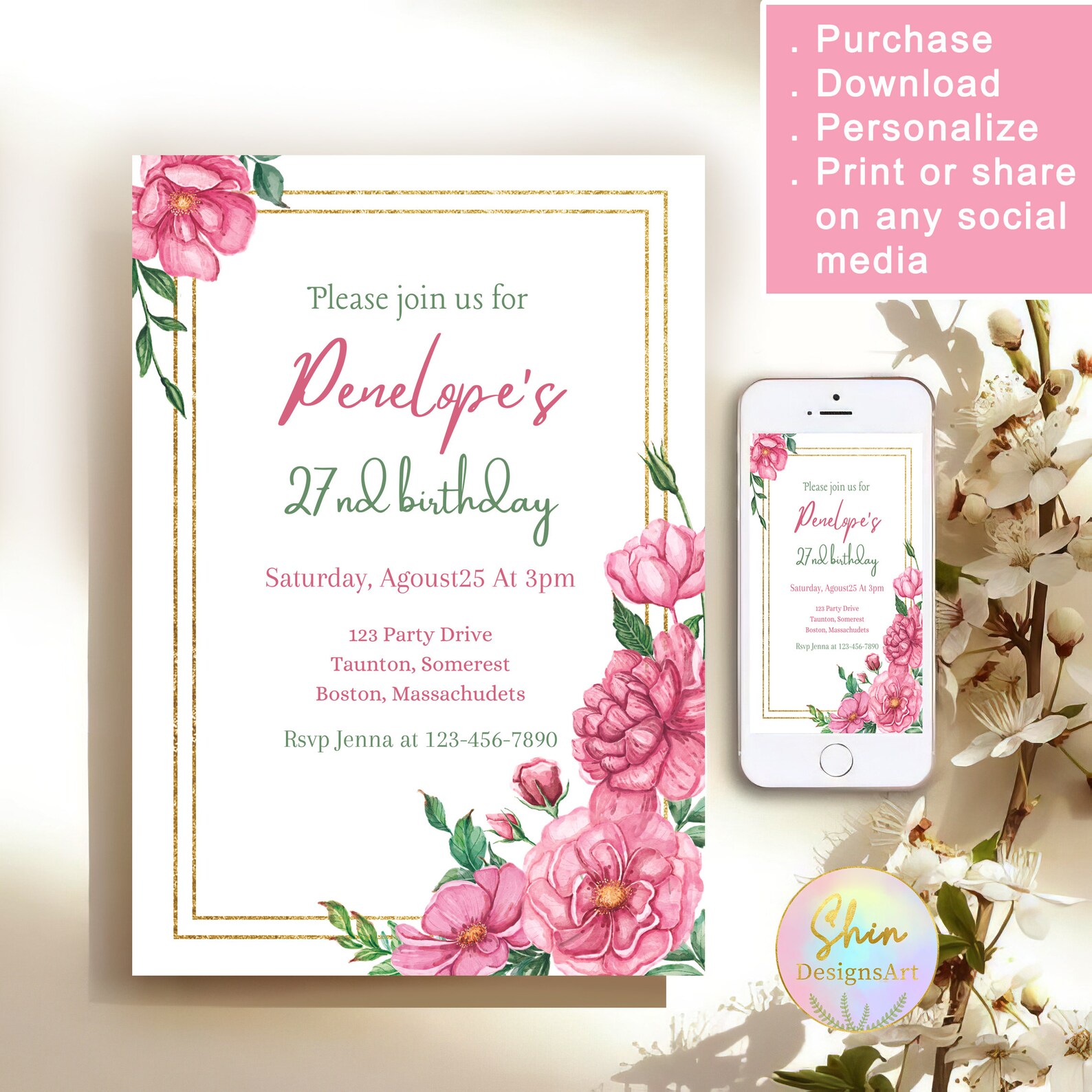 Watercolour Flowers Birthday Invitation Card, Girl's Pink Roses Flower ...