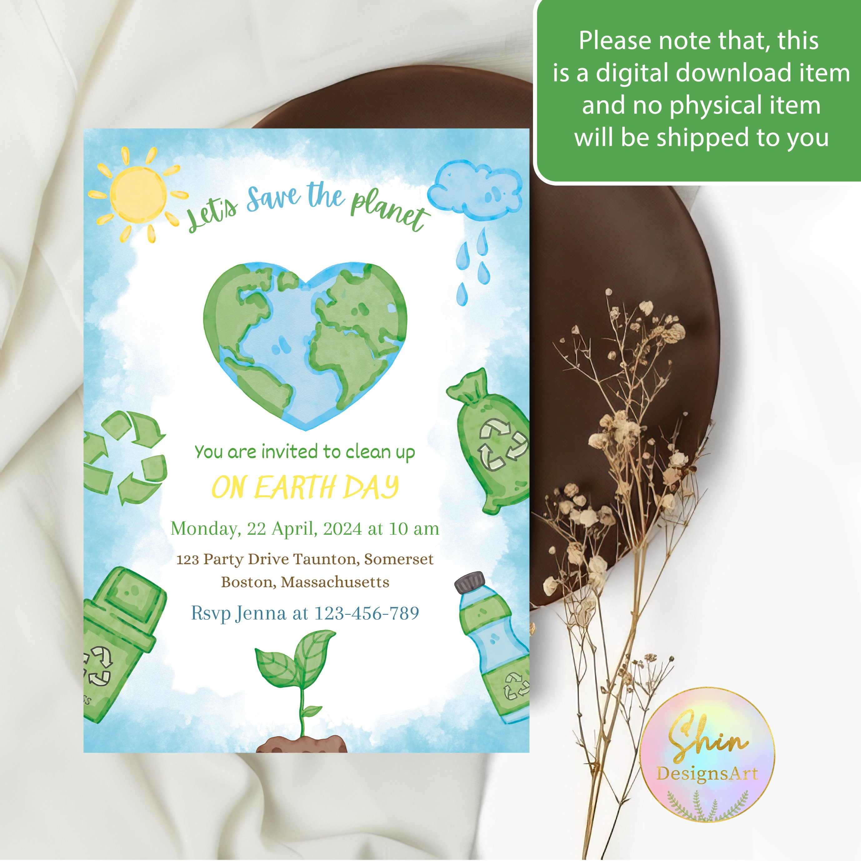 Watercolor Earth Day Invitation: Customizable Template (5x7 Inches ...