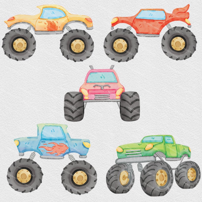 Monster Trucks Clipart Bundle, Big Wheels Designs, Watercolor Nursery ...
