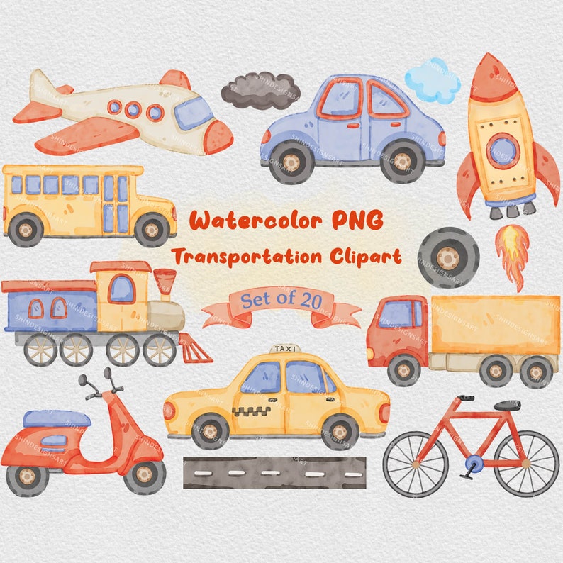 Watercolor Public Transportation Clipart, Baby Toy Clipart Bundle ...