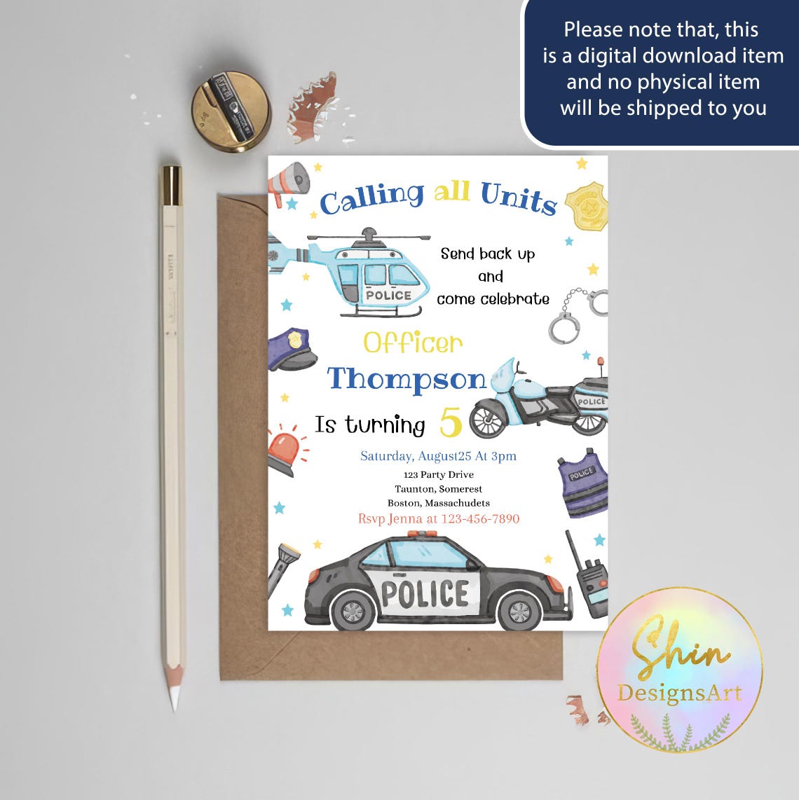 Editable Police Birthday Invitation Card, Canva Police Officer Template ...