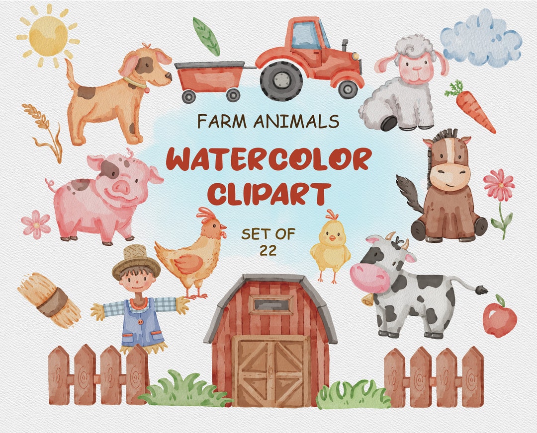 Watercolor Farm Animals Clipart, Barnyard Animal PNG Bundle, Cute ...