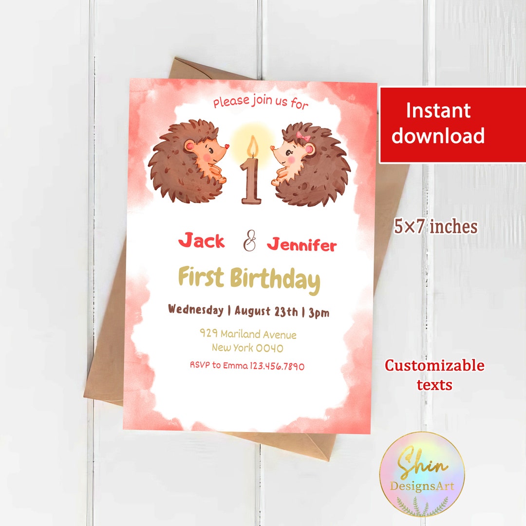 Customizable Hedgehog Twins Birthday Invitation Card, Editable Text ...