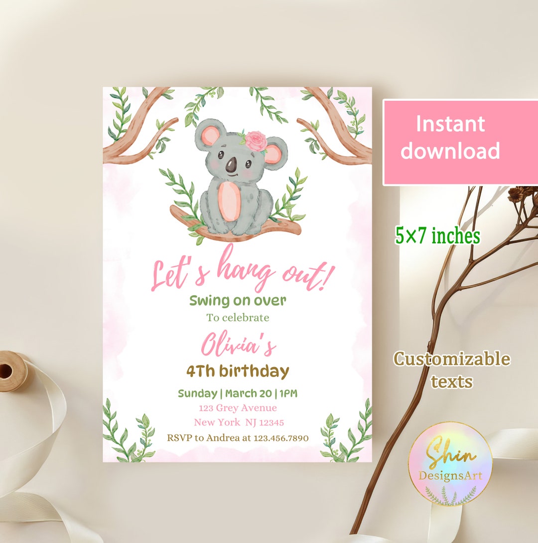 Customizable Koala Birthday Invitation, Girl/daughter Koalas Party ...