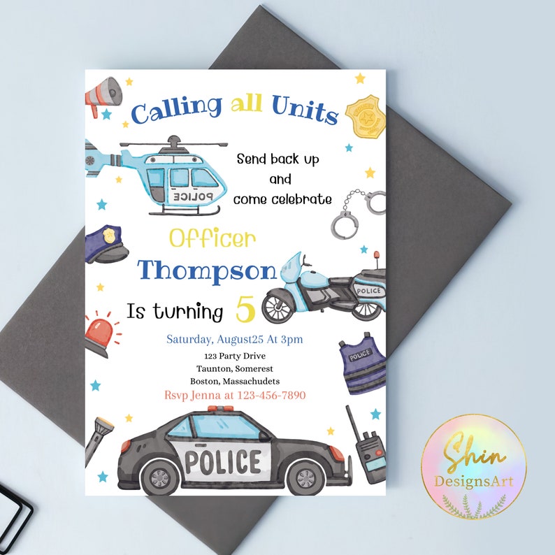 Editable Police Birthday Invitation Card, Canva Police Officer Template ...