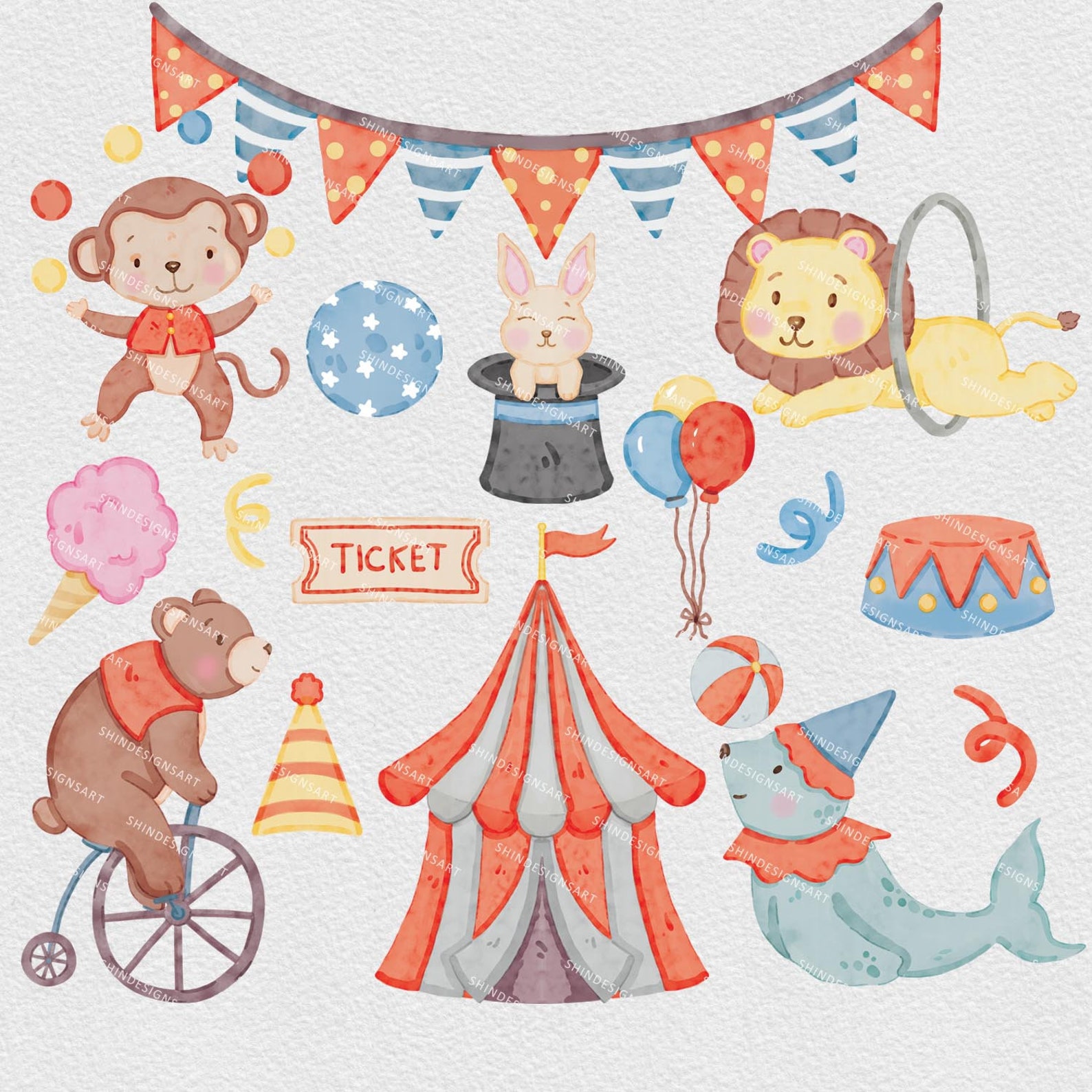 Watercolor Circus Clipart Bundle, Png Circus Animals Clip Art Set ...