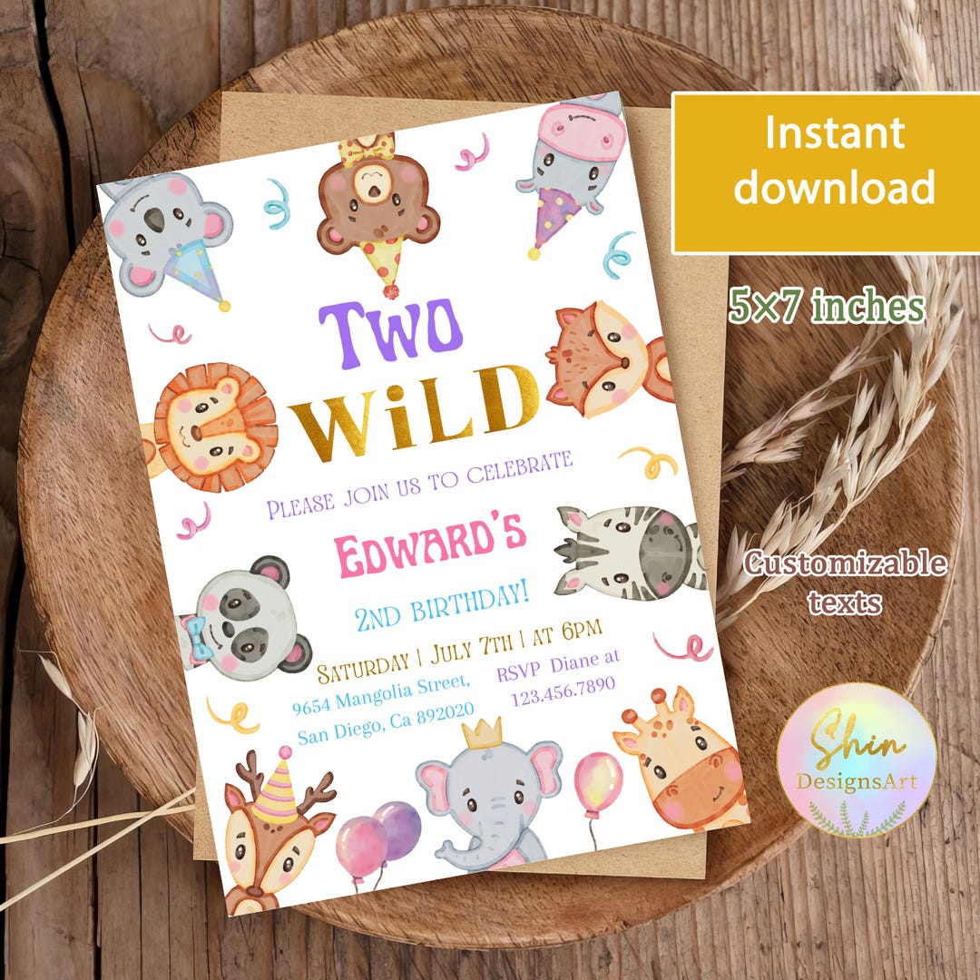 Editable Calling All Party Animals Birthday Invitation, Two Wild Jungle ...