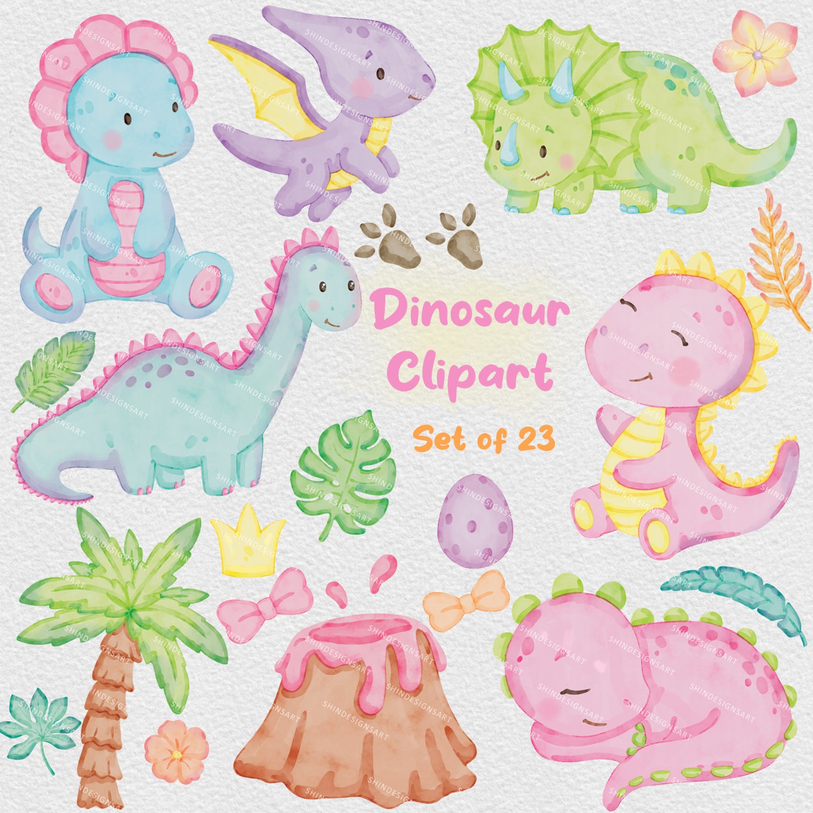 Watercolor Dinosaur Clipart Bundle: Pastel Baby Dino PNG (set of 23) - Etsy