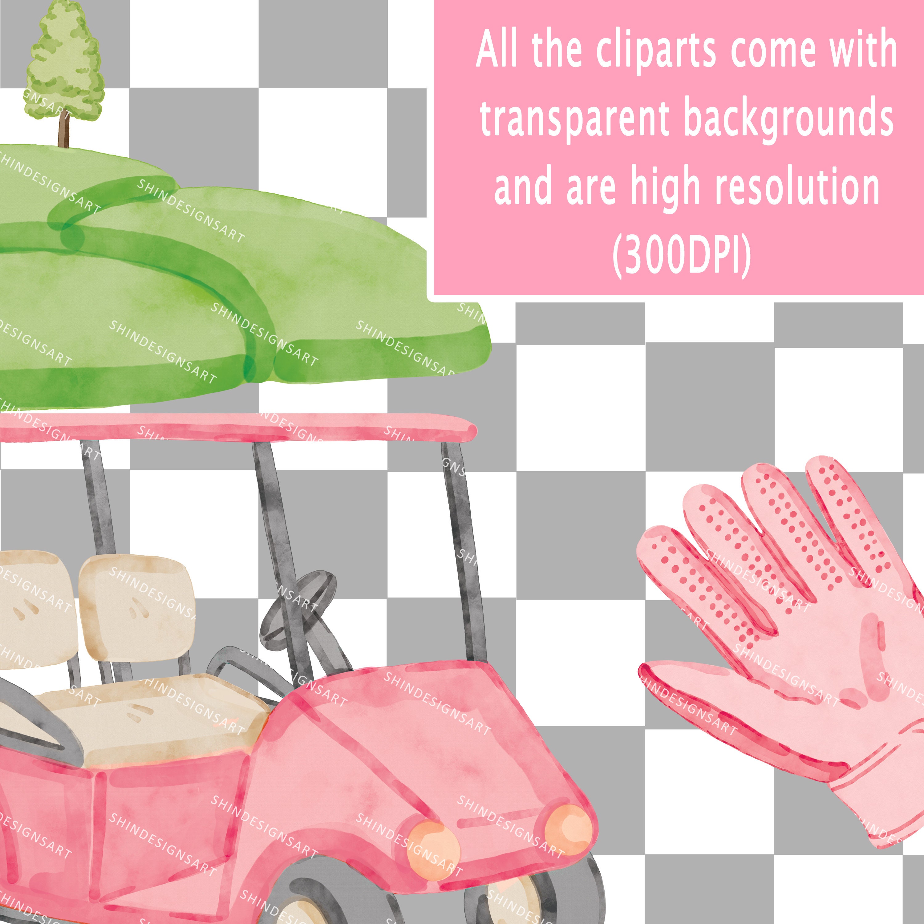 Pink Golf Clipart: Watercolor Girly Golfer Set (PNG, Transparent ...