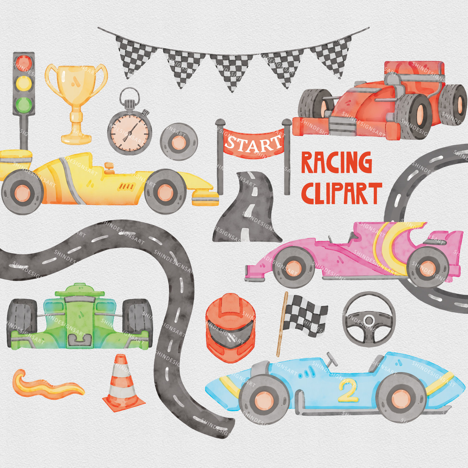 Modern Watercolor Racing Cars, Race Cars Clip Art Bundle, Racecar ...