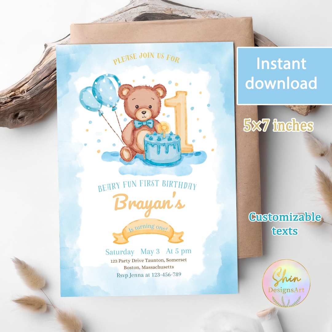 First 1st Birthday Bear Invitation, Party Baby Boy Invite, Turquois ...
