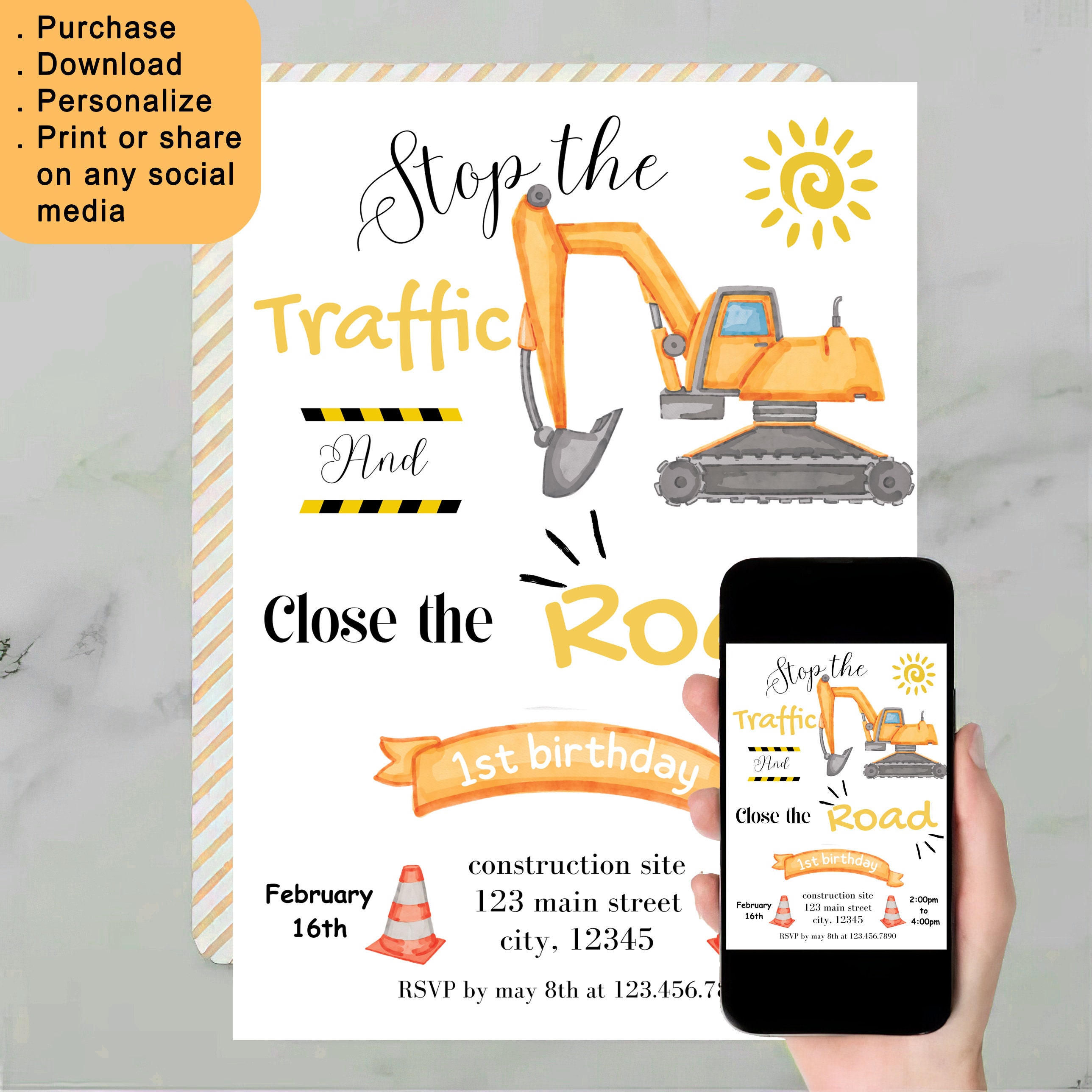 Construction Birthday Invitation Card, Editable Excavator Party, Big ...