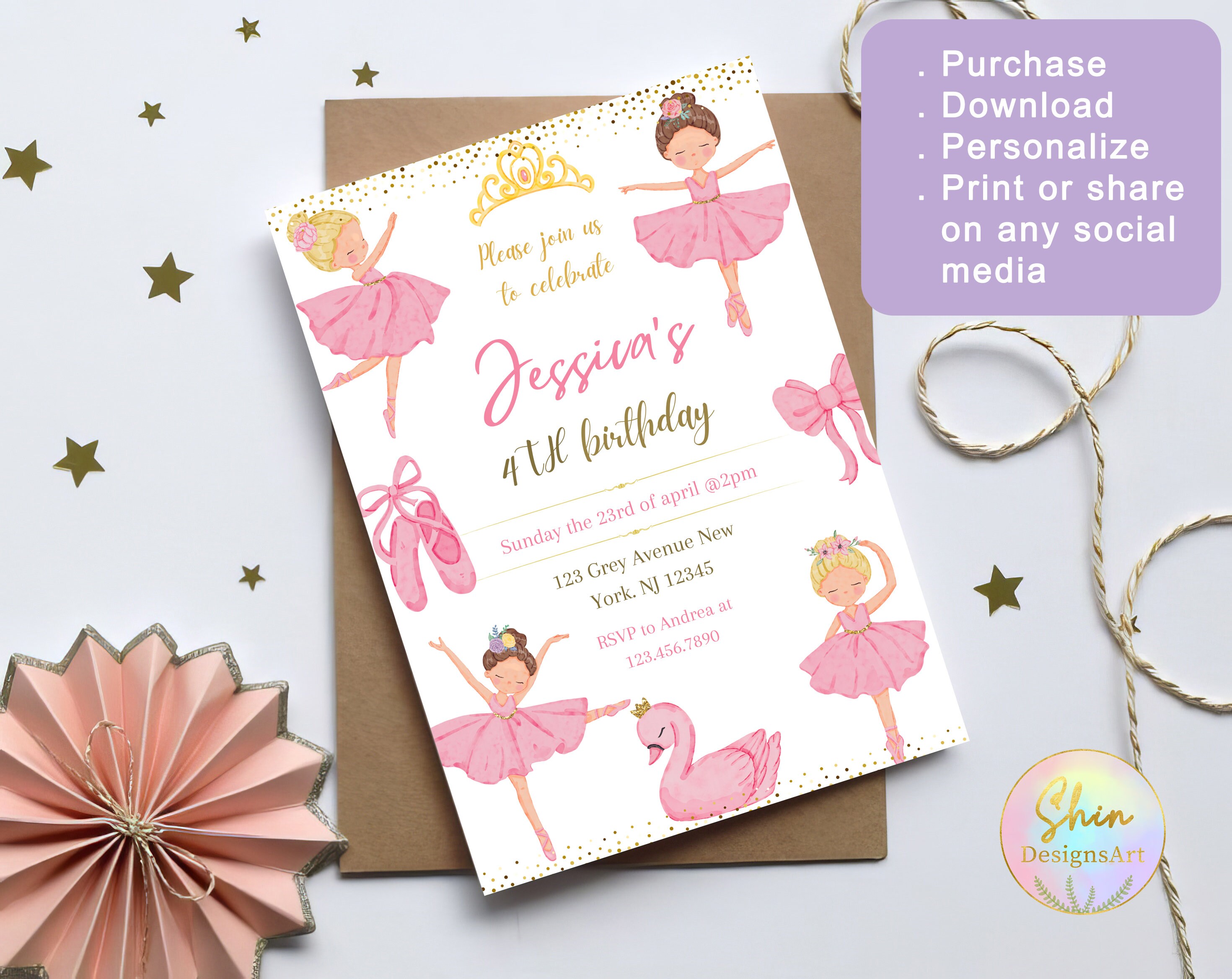 Ballerina Birthday Invitation Card , Editable Ballet Girl Party Invite ...