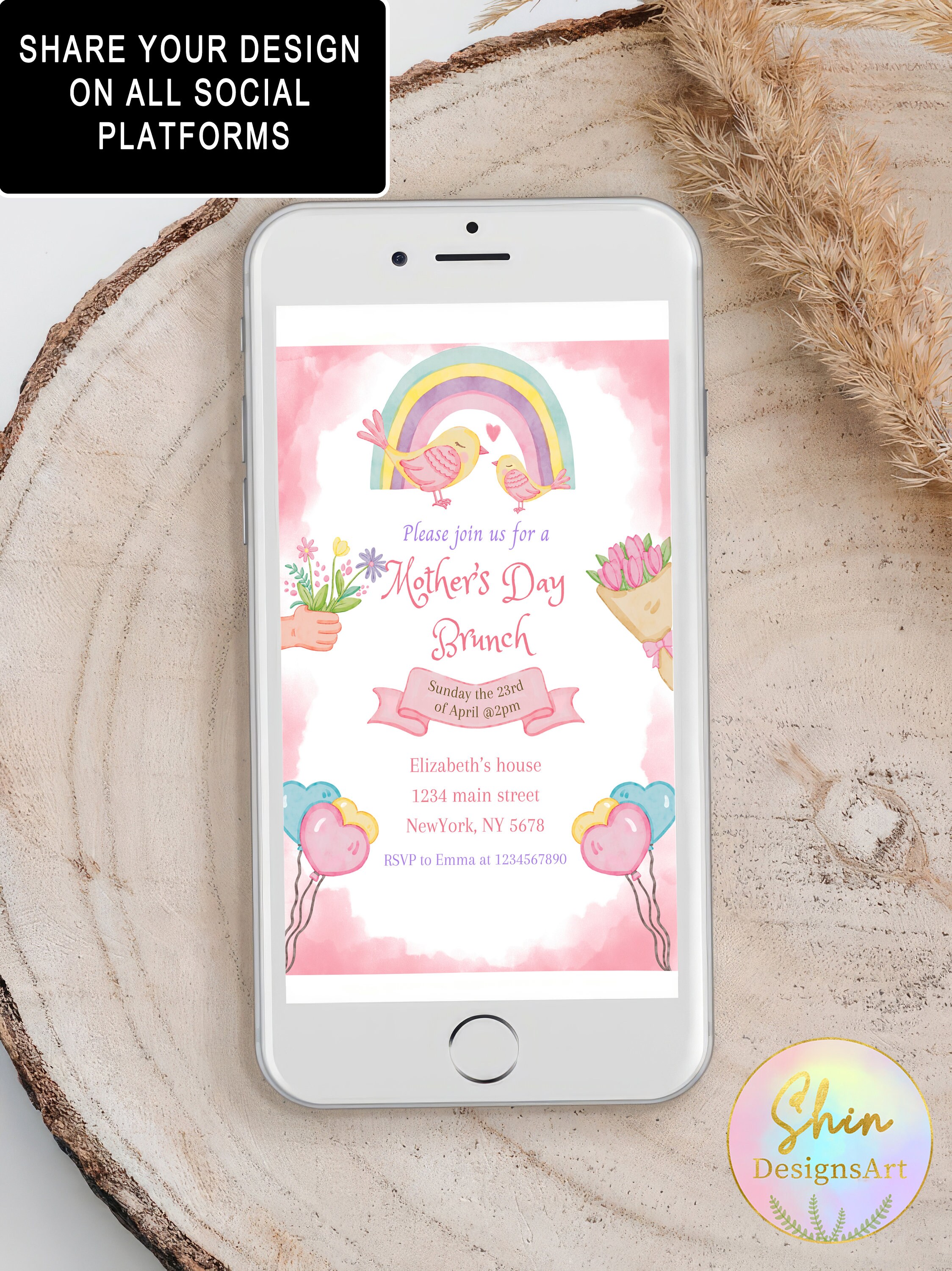 Editable Mother's Day Brunch Invitation, Moms and Mimosas, Rainbow ...