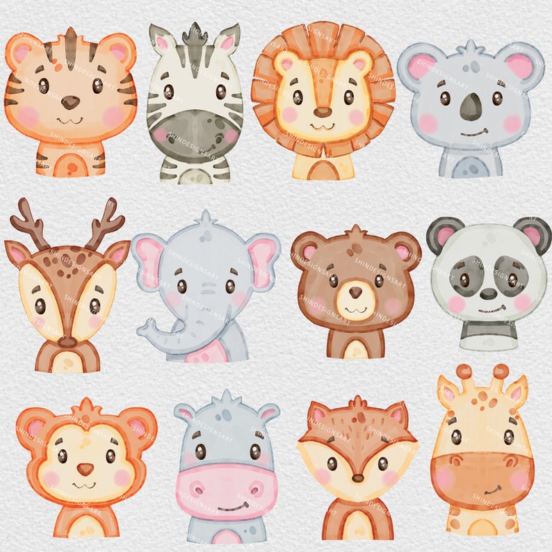 Safari Animals Clipart Bundle, Watercolor Baby Animal Pngs for Nursery ...