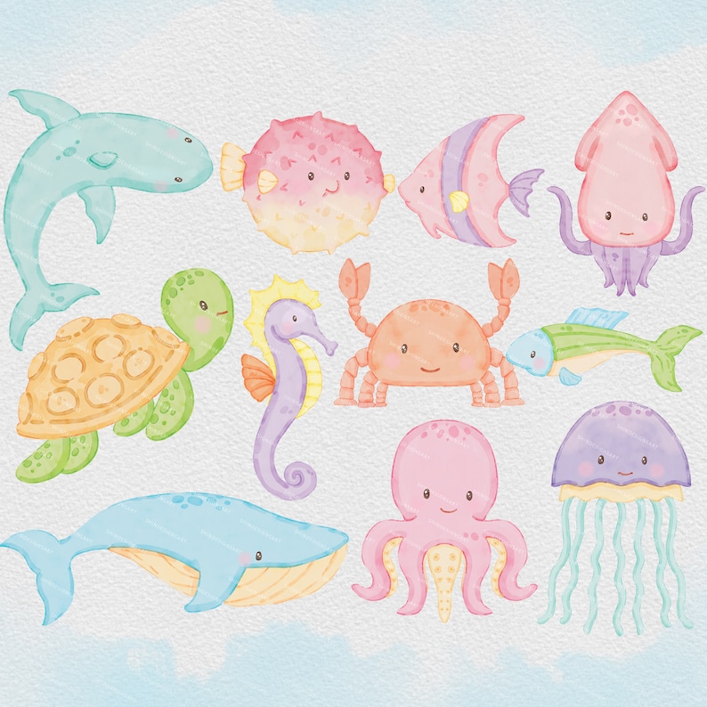 Undersea Watercolor Clipart, Png Nursery Decor, Kid's Wall Art, Octopus ...